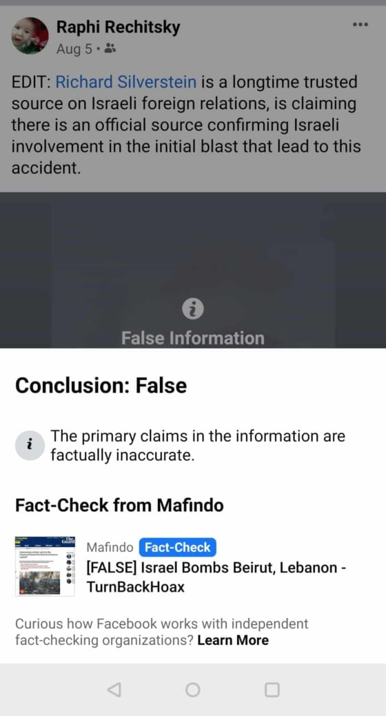 Richard Silverstein Furious As Facebook Marks as Fake News His Post ...